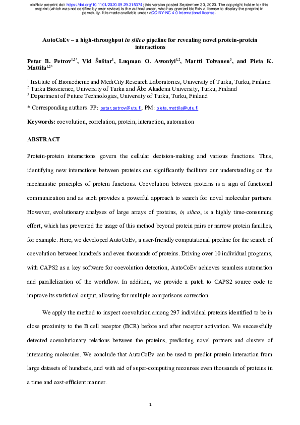 (PDF) AutoCoEv – a high-throughput in silico pipeline for predicting inter-protein co-evolution