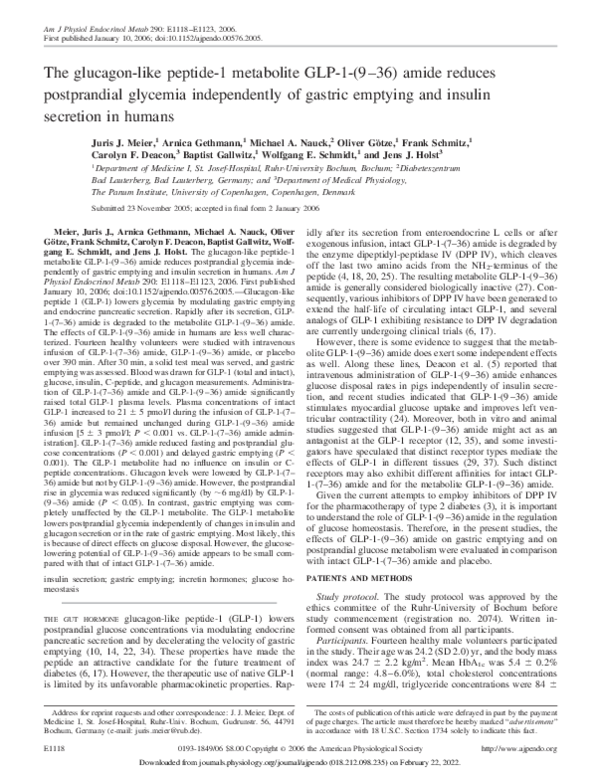(PDF) The glucagon-like peptide-1 metabolite GLP-1-(9–36) amide reduces postprandial glycemia ...