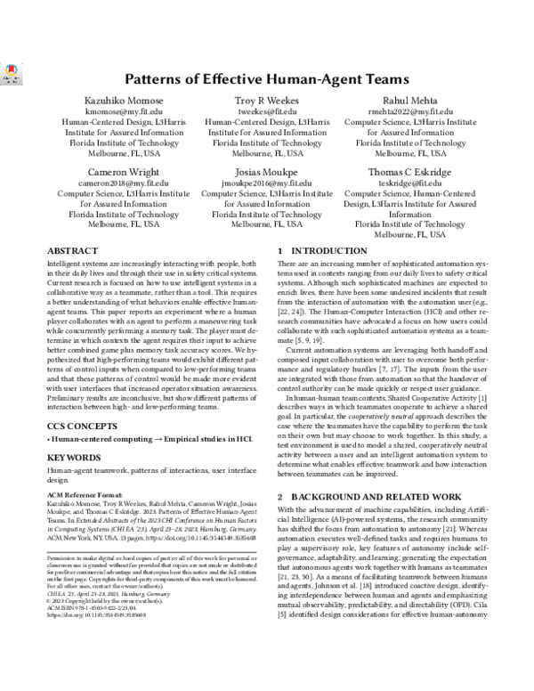 Pdf Patterns Of Effective Human Agent Teams