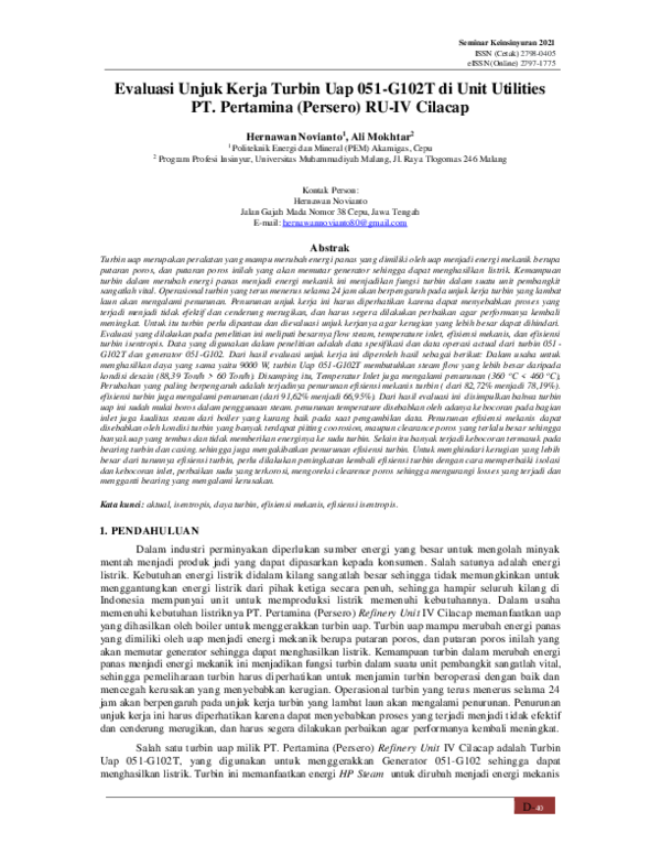 (PDF) Evaluasi Unjuk Kerja Turbin Uap 051-G102T di Unit Utilities PT. Pertamina (Persero) RU-IV ...