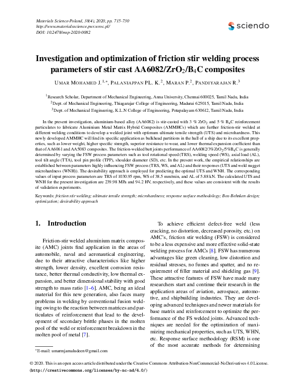 (PDF) Investigation and optimization of friction stir welding process parameters of stir cast ...