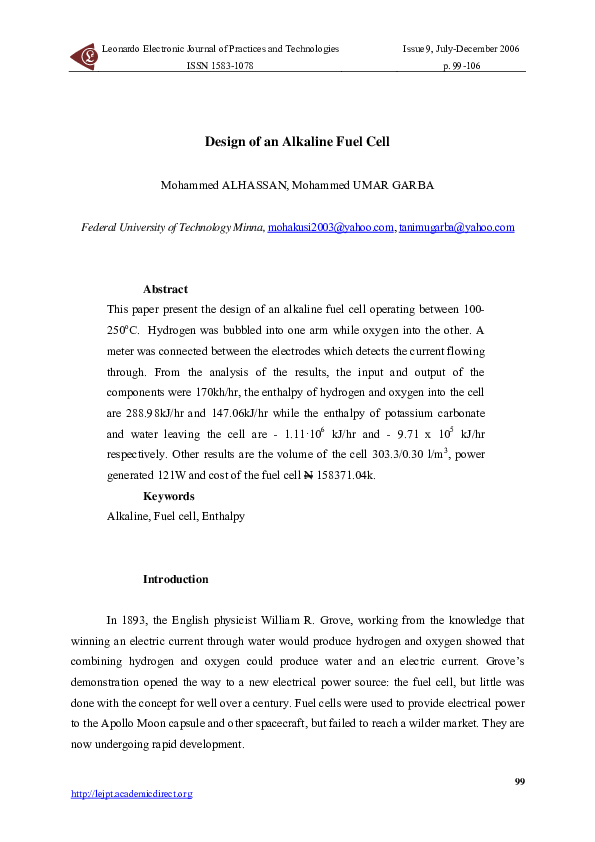 (PDF) Design of An Alkaline Fuel Cell