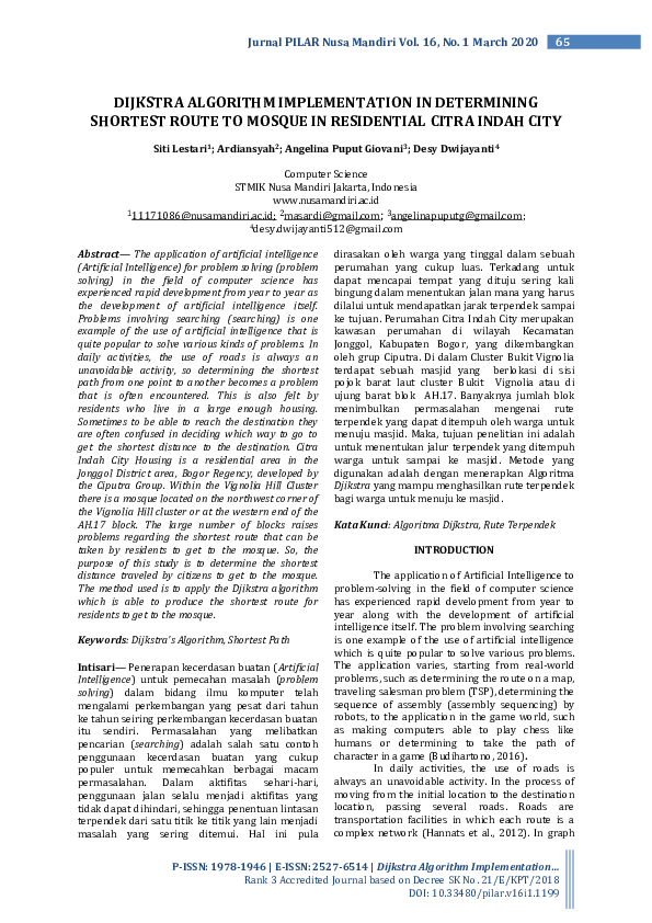 Pdf A Dijkstra Algorithm Implementation In Determining Shortest Route To Mosque In Residential