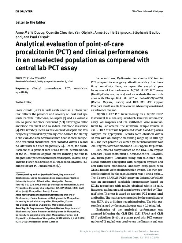 (PDF) Analytical evaluation of point-of-care procalcitonin (PCT) and ...