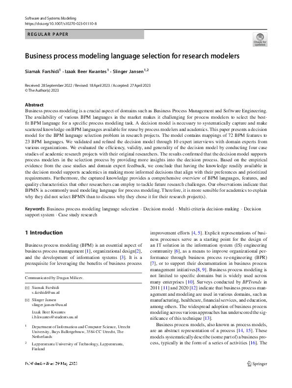 (PDF) Business process modeling language selection for research modelers
