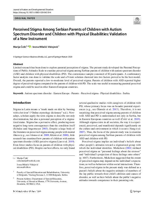 (PDF) Perceived Stigma Among Serbian Parents of Children with Autism ...