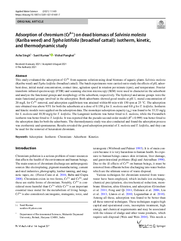 (PDF) Adsorption of chromium (Cr6+) on dead biomass of Salvinia molesta ...