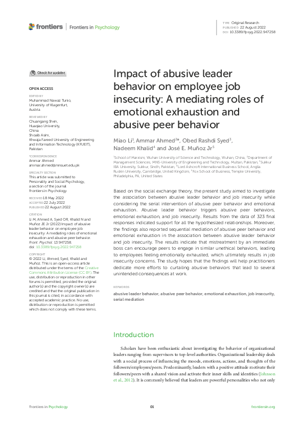 (PDF) Impact of abusive leader behavior on employee job insecurity: A ...