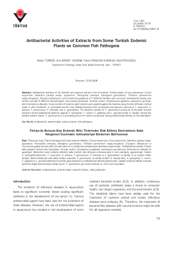 (PDF) Antibacterial Activities of Extracts from Some Turkish Endemic Plants on Common Fish Pathogens