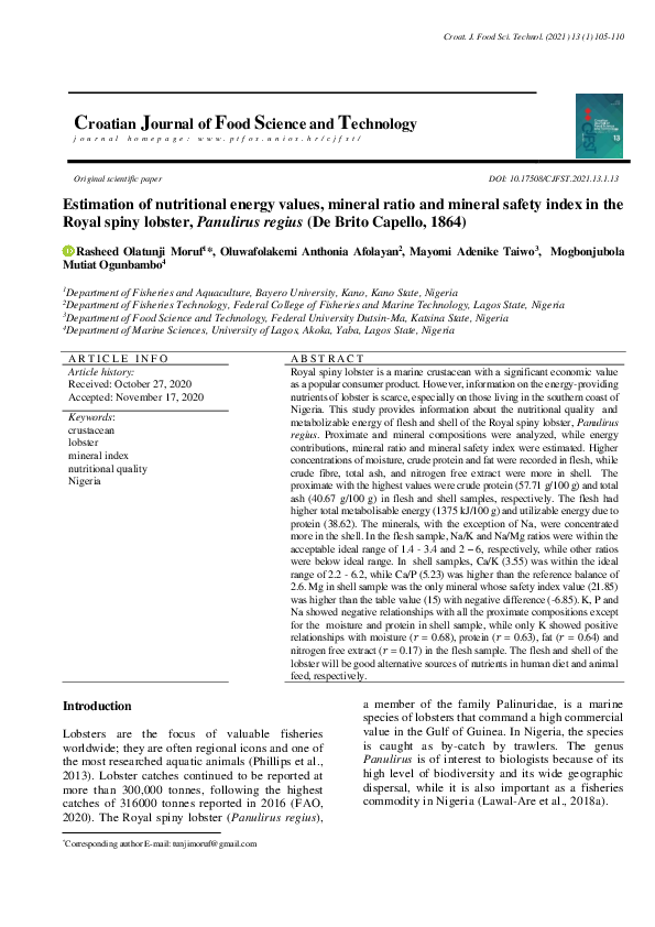 (PDF) Estimation of nutritional energy values, mineral ratio and ...