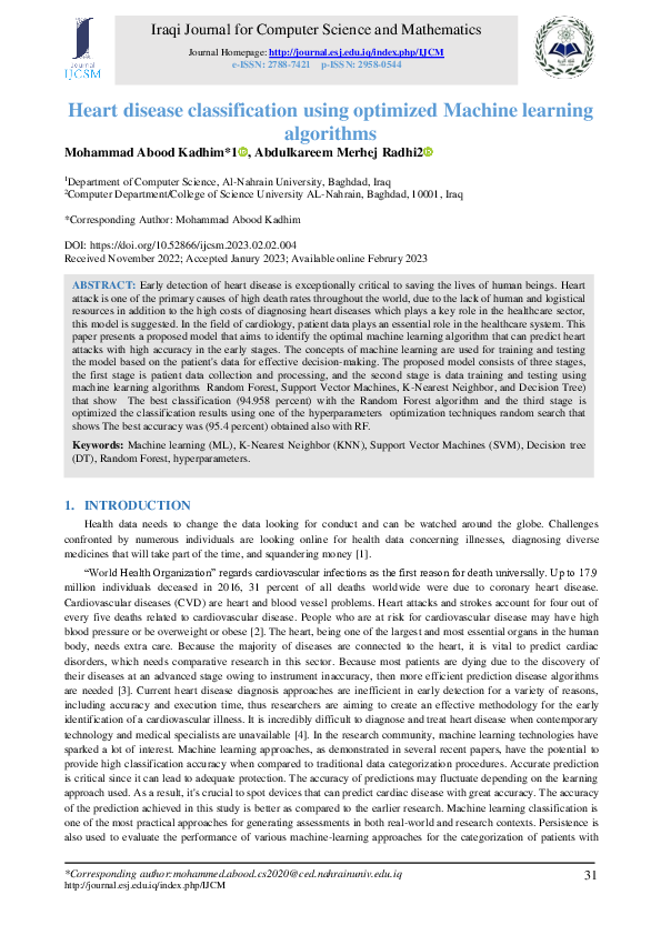 (PDF) Heart disease classification using optimized Machine learning algorithms