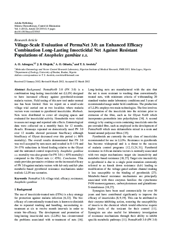 (PDF) Village-Scale Evaluation of PermaNet 3.0: an Enhanced Efficacy ...