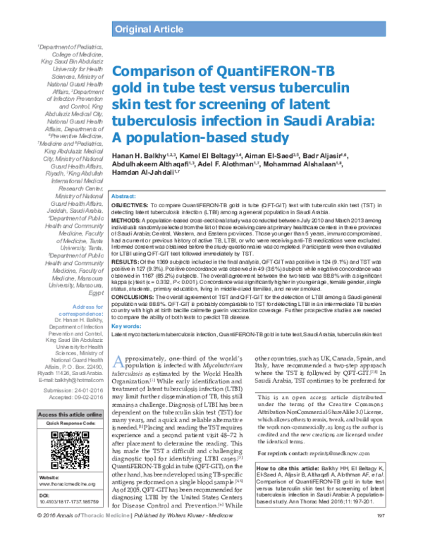 (PDF) Comparison of QuantiFERON-TB gold in tube test versus tuberculin ...