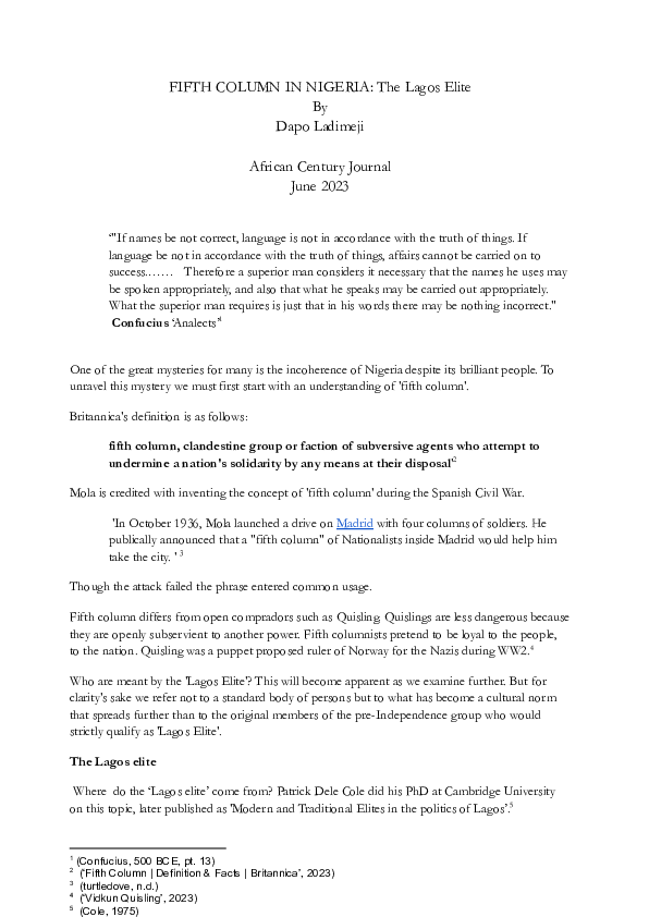 (PDF) FIFTH COLUMN IN NIGERIA: The Lagos Elite