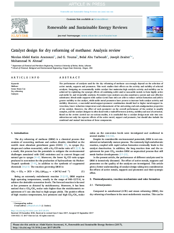 (PDF) Catalyst design for dry reforming of methane: Analysis review