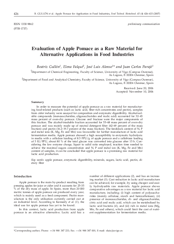 (PDF) Evaluation of apple pomace as a raw material for alternative ...