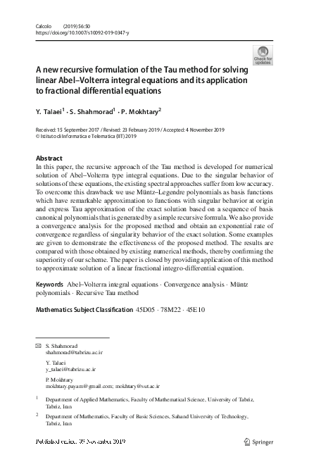 (PDF) A new recursive formulation of the Tau method for solving linear Abel–Volterra integral ...