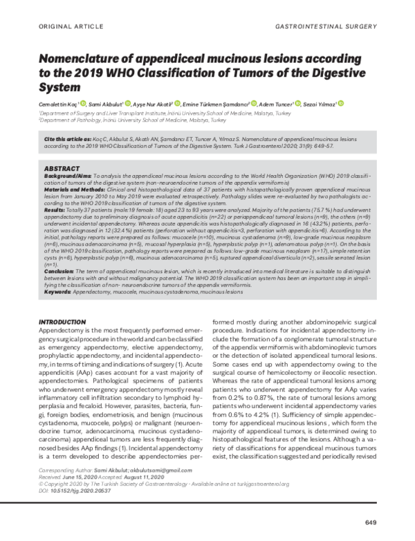 (PDF) Nomenclature of appendiceal mucinous lesions according to the ...