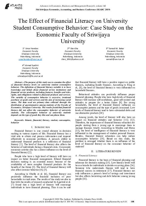 (PDF) The Effect of Financial Literacy on University Student Consumptive Behavior: Case Study on ...