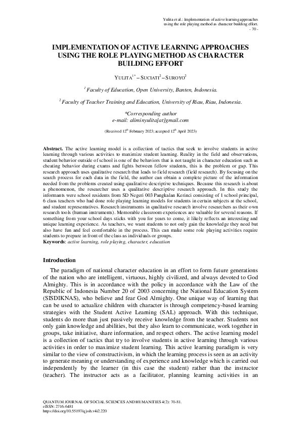 (PDF) Implementation of Active Learning Approaches Using the Role ...