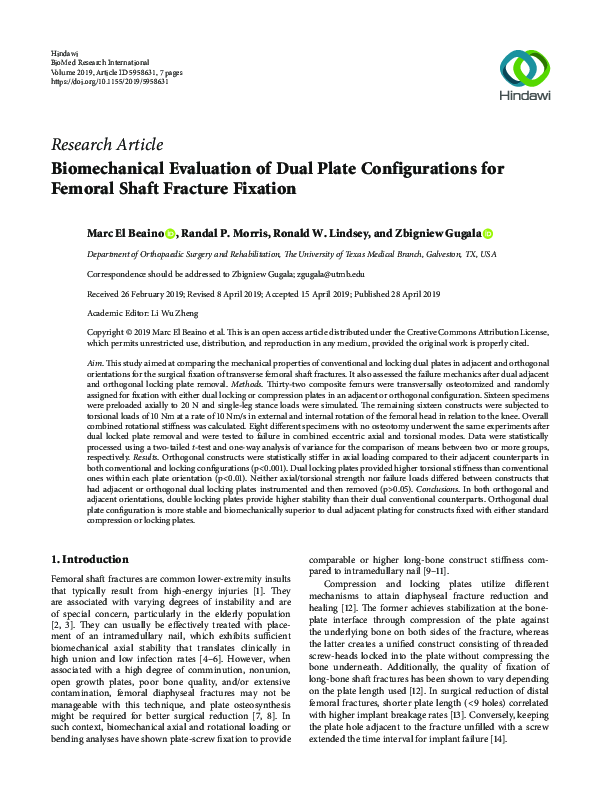 (PDF) Biomechanical Evaluation of Dual Plate Configurations for Femoral Shaft Fracture Fixation