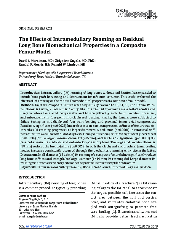 (PDF) The Effects of Intramedullary Reaming on Residual Long Bone Biomechanical Properties in a ...