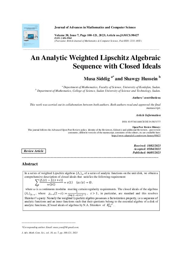 (PDF) An Analytic Weighted Lipschitz Algebraic Sequence with Closed Ideals