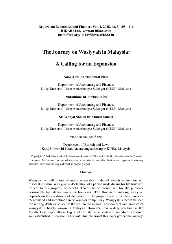 (PDF) The journey on wasiyyah in Malaysia: a calling for an expansion