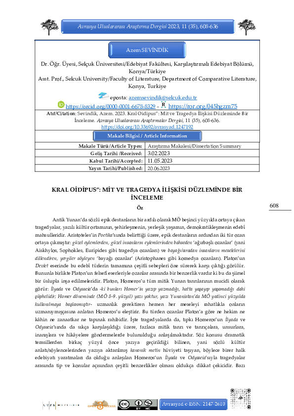 (PDF) "KRAL OİDİPUS": MİT VE TRAGEDYA İLİŞKİSİ DÜZLEMİNDE BİR İNCELEME - “Oedipus The King”: An ...