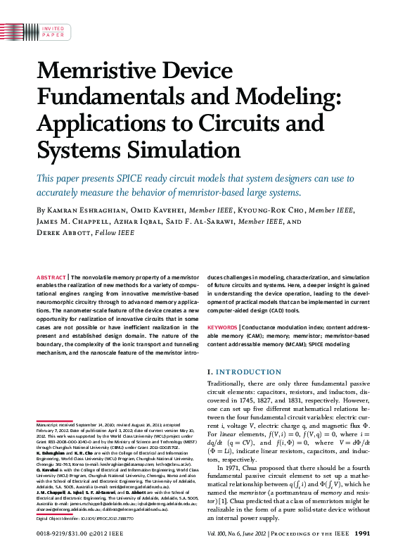(PDF) Memristive Device Fundamentals and Modeling: Applications to Circuits and Systems Simulation
