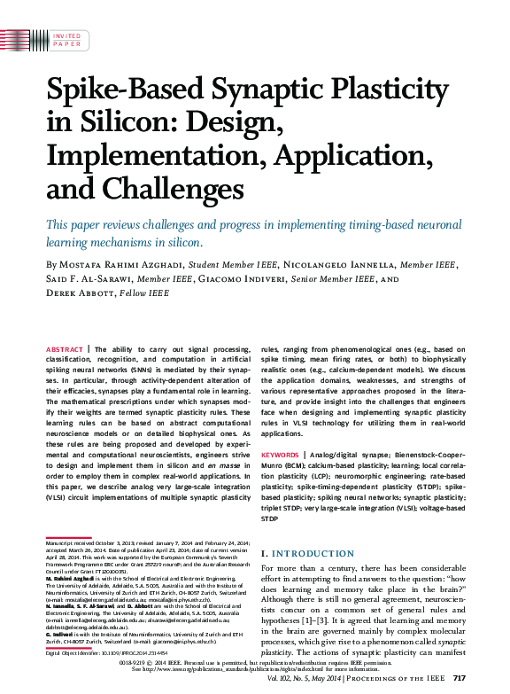 (PDF) Spike-Based Synaptic Plasticity in Silicon: Design, Implementation, Application, and ...