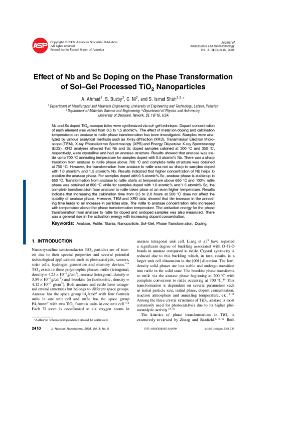 Pdf Effect Of Nb And Sc Doping On The Phase Transformation Of Sol Gel Processed Tio2 Nanoparticles