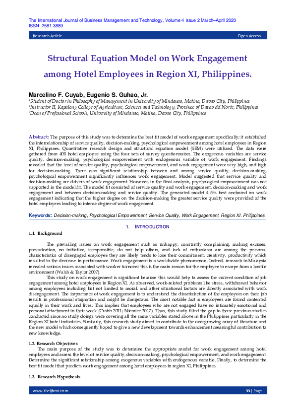 (PDF) Structural Equation Model on Work Engagement among Hotel Employees in Region XI, Philippines