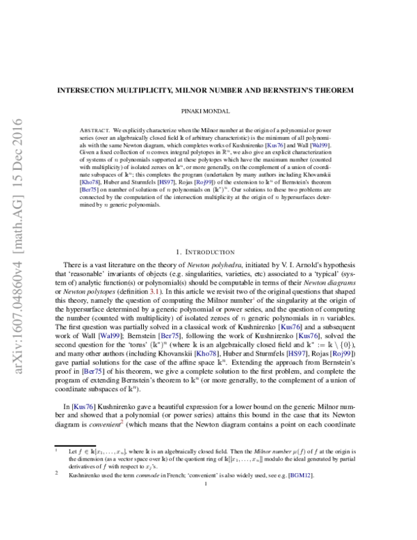 (PDF) Intersection multiplicity, Milnor number and Bernstein's theorem