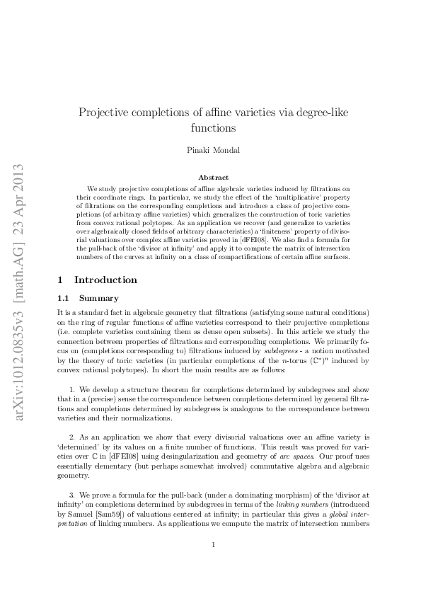 Pdf Projective Completions Of Affine Varieties Via Degree Like Functions Pinaki Mondal