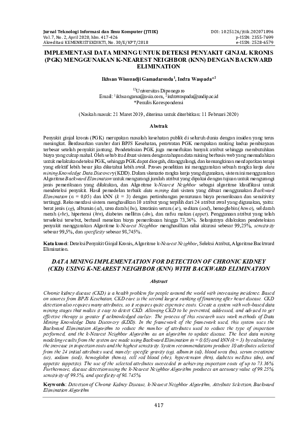 (PDF) Implementasi Data Mining untuk Deteksi Penyakit Ginjal Kronis (PGK) menggunakan K-Nearest ...