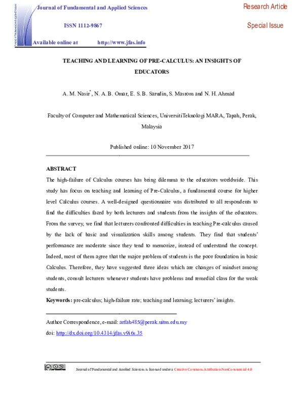 (PDF) Teaching and learning of pre-calculus: an insights of educators