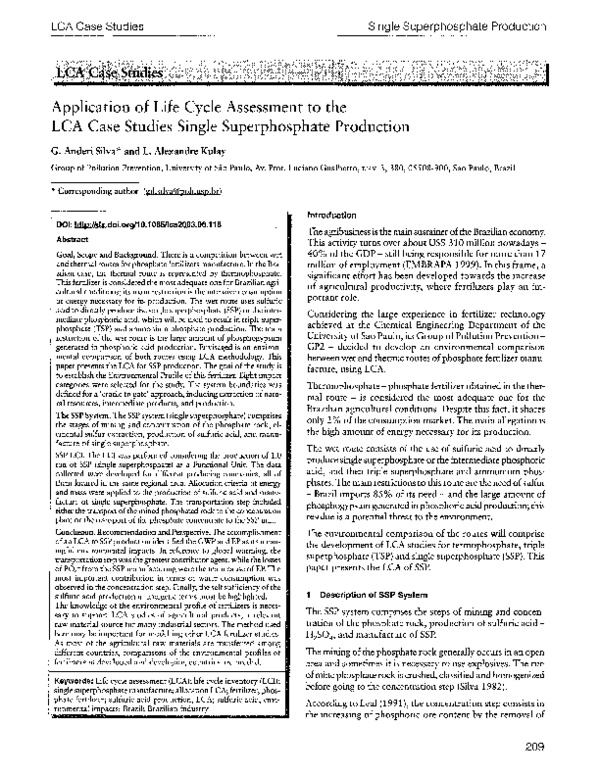 (PDF) Application of life cycle assessment to the LCA case studies single superphosphate production