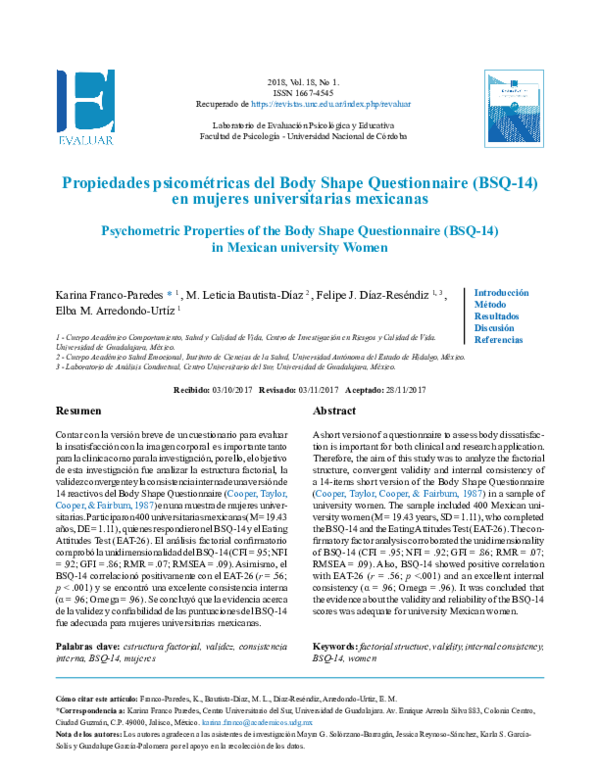 (PDF) Propiedades psicométricas del Body Shape Questionnaire (BSQ-14 ...