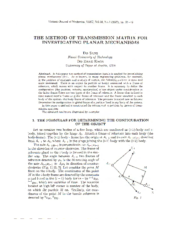 (PDF) The Method of Transmission Matrix for Investigating Planar Mechanisms