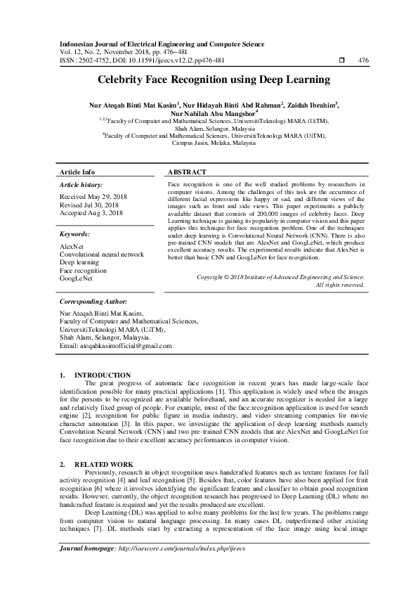 (PDF) Celebrity Face Recognition using Deep Learning