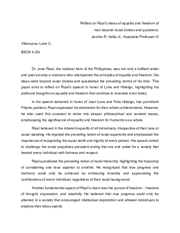 (PDF) A Reflection Paper on Rizal’s Speech in Honor of Luna and Hidalgo