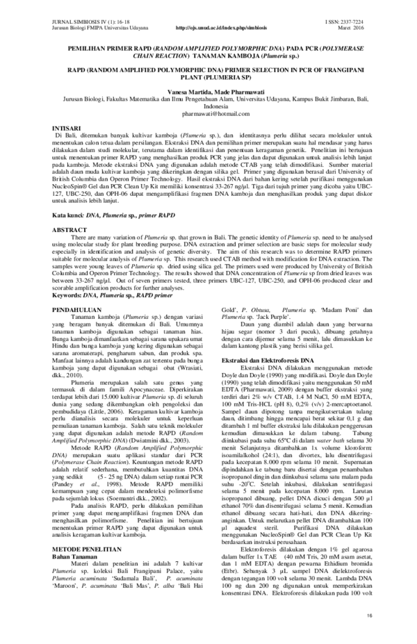 Pdf Pemilihan Primer Rapd Random Amplified Polymorphic Dna Pada Pcr