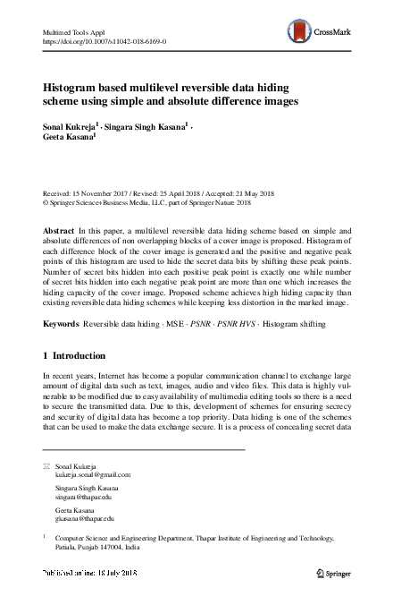 Pdf Histogram Based Multilevel Reversible Data Hiding Scheme Using Simple And Absolute