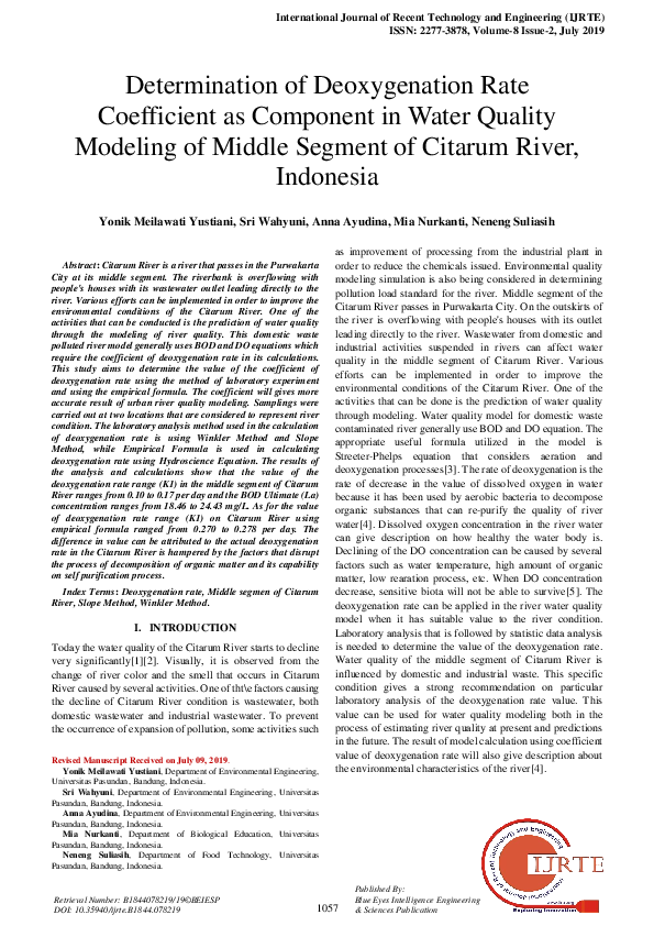 (PDF) Determination of Deoxygenation Rate Coefficient as Component in Water Quality Modeling of ...