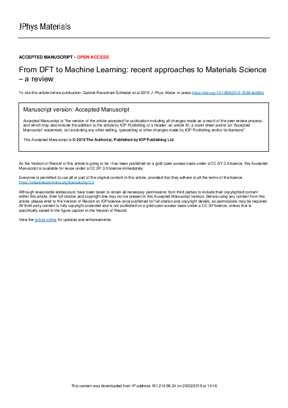 (PDF) From DFT to machine learning: recent approaches to materials science–a review