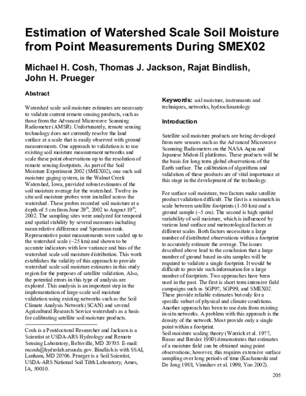 (PDF) Estimation of watershed scale soil moisture from point measurements during SMEX02