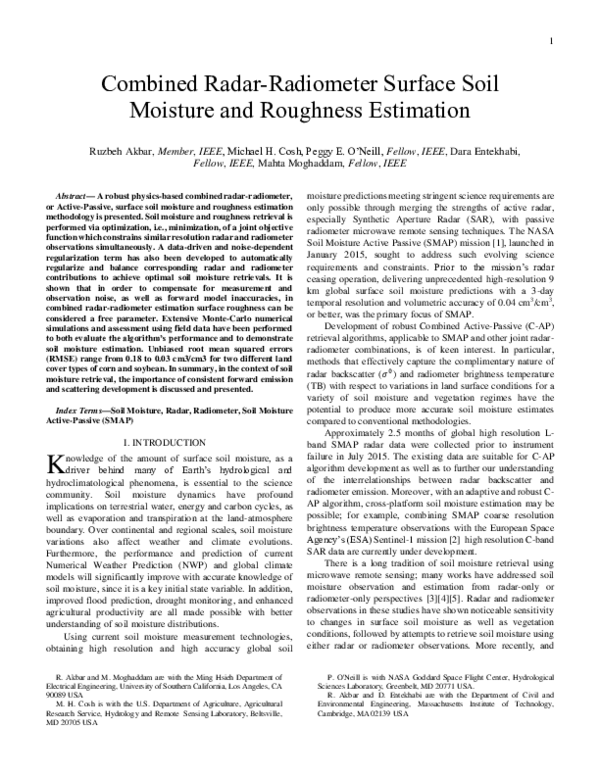 (PDF) Combined Radar–Radiometer Surface Soil Moisture and Roughness Estimation