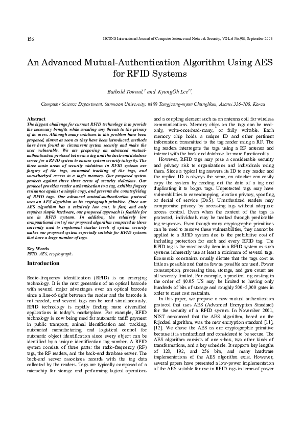 Pdf An Advanced Mutual Authentication Algorithm Using Aes For Rfid Systems