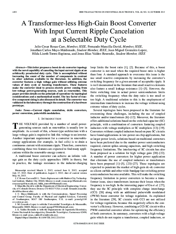 Pdf A Transformer Less High Gain Boost Converter With Input Current Ripple Cancelation At A